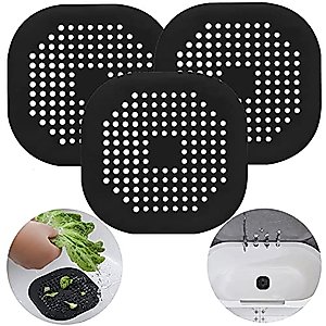 3 Pack Drain Cover Hair Catcher Pad, Silicone Tube Trap Shower with Sucker for Bathroom Kitchen, 5.5" Flat Square Rubber Strainer Plug Filter Bathtub Sink Home Drain Protectors, Black