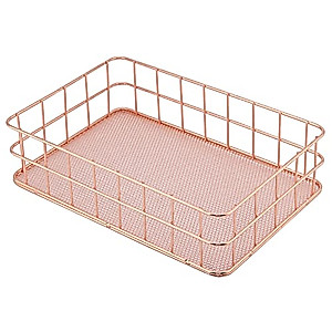 Fdit Storage Basket,Rose Gold Iron Storage Basket Organizer Shelf Storage Rack Desk Decor for Office,Home and Student Desk(D)