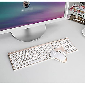 Wireless Keyboard and Mouse Combo, 2.4GHz Ultra-Slim Aluminum Rechargeable Keyboard with Whisper-Quiet Mouse for Windows, Laptop, PC, Desktop - White Gold