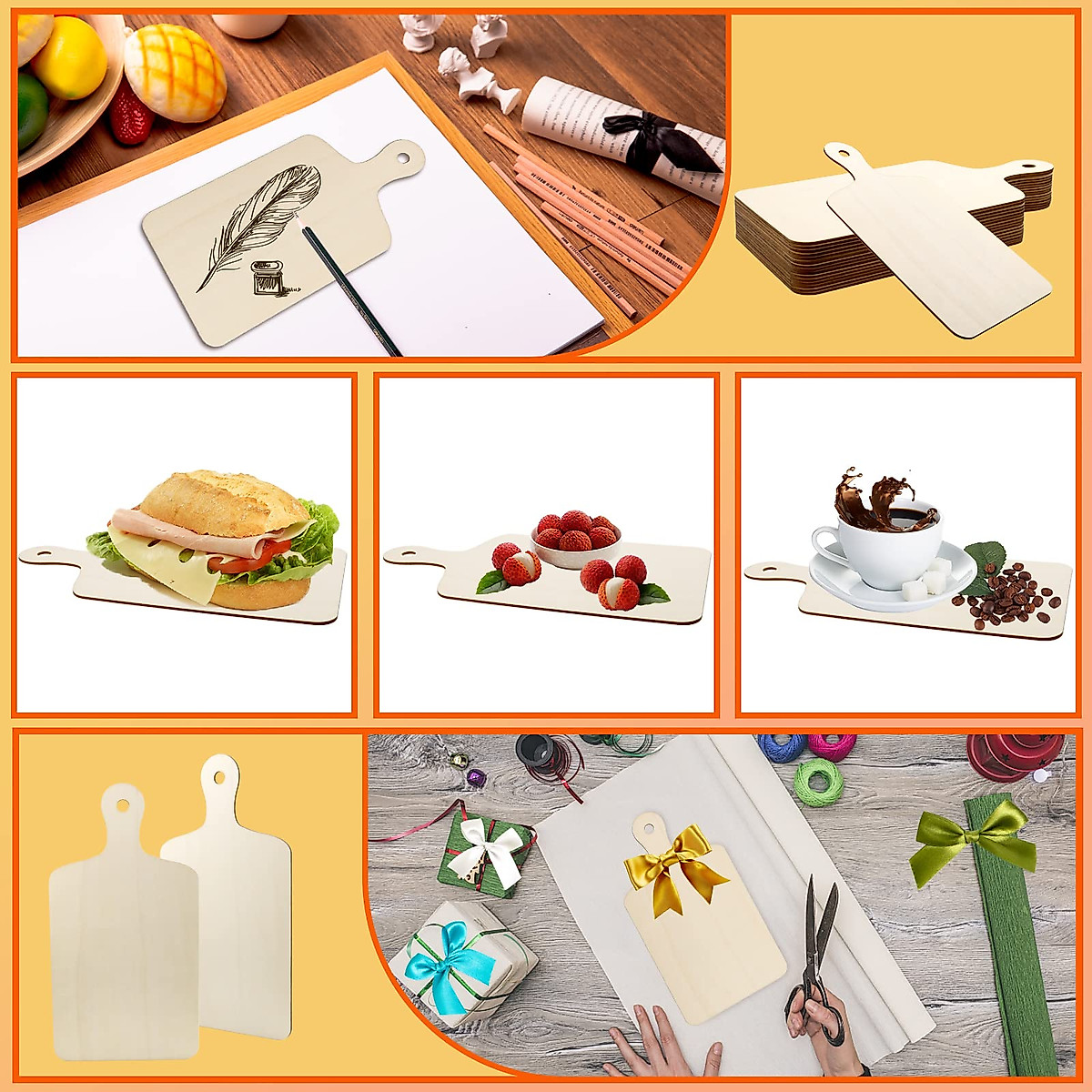 Vmiapxo 16 Pack Unfinished Wood Cutting Board Craft with Handle, Wooden Paddle Cheese Bread Board Set Chopping Board Serving Tray for Craft DIY Christmas Home Kitchen Cooking Decor (11.8" x 6.3")