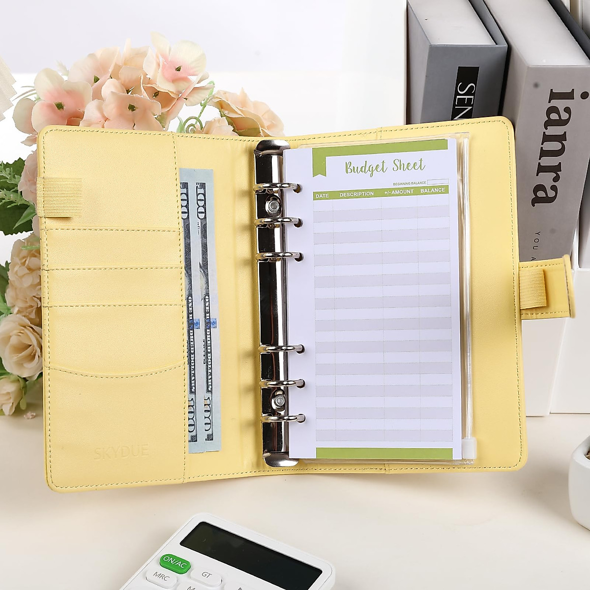 SKYDUE Budget Binder with 8pcs Zipper Envelopes, Money Organizer for Cash with 12pcs Expense Budget Sheets & 24 Blak Sticky Labels, Budget Book with Cash Envelopes, Yellow, A6 (1008HYJ-HZ_A6Yellow)