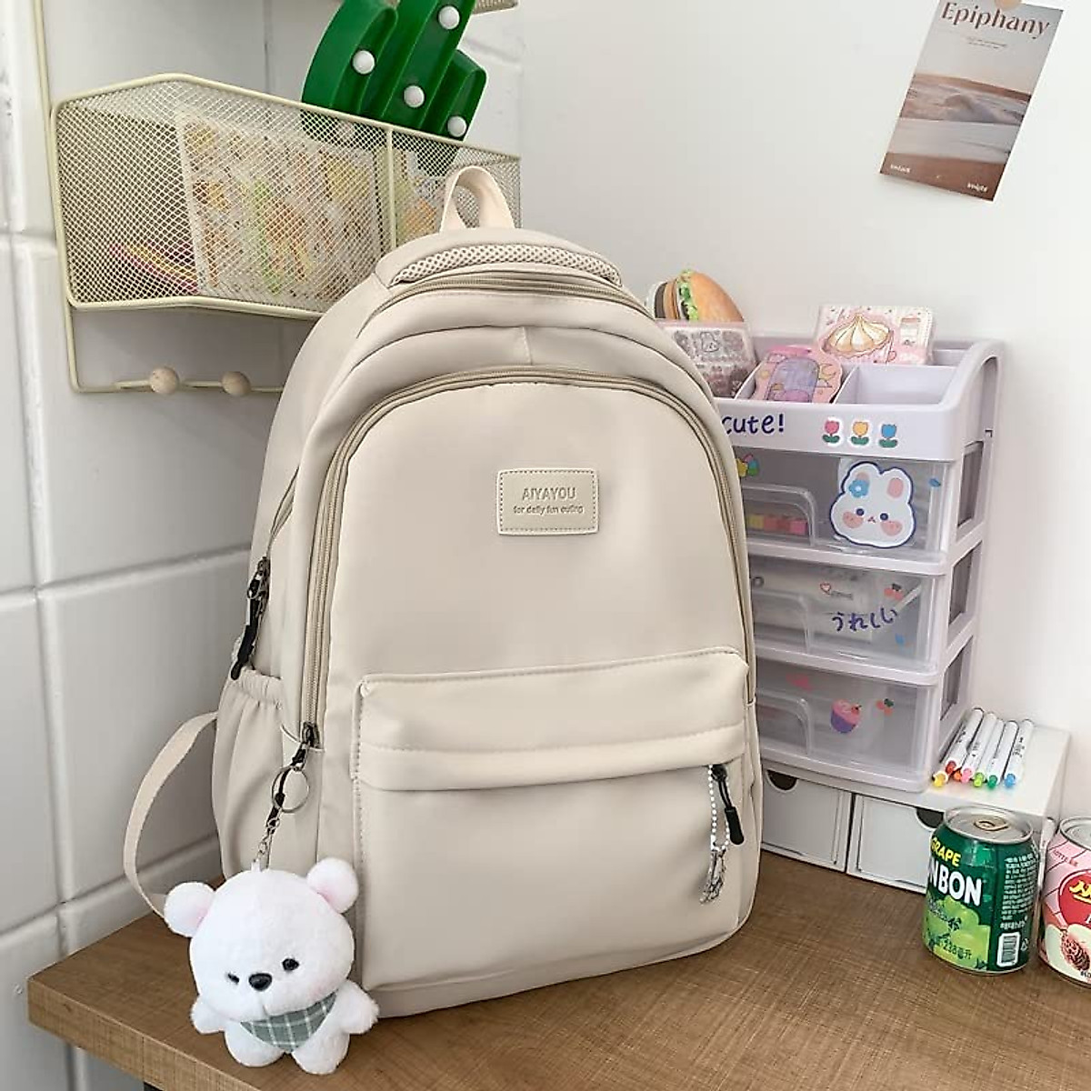 GRYPIT Kawaii Cute Aesthetic Backpack with Cute Accessory Cute Bag Charm (Stone White)