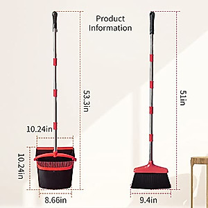 Broom and Dustpan Set(51" Long), Adjustable Length Stainless Steel Broomstick, Sstanding Dustpan and Broom for Office, Home Kitchen, Lobby Floor use (Red and Black)