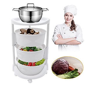 YIYIBYUS Rotating Kitchen Storage Rack 3 Tier, 180° Rotating Fruit and Vegetable Storage Baskets with Casters Multi-Layer Storage Shelves for Kitchen, Bedroom, Bathroom, Laundry Room, Garage(3-Layer)