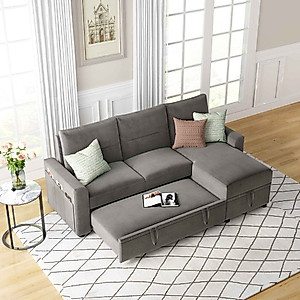 ATY Reversible Sectional Sofa Bed with 2 Pull-Out Sleepers, L-Shape Corner Couch with Storage Chaise, 3 Seat Both Left Right Handed with loveseat, 82.1 Grey Brown