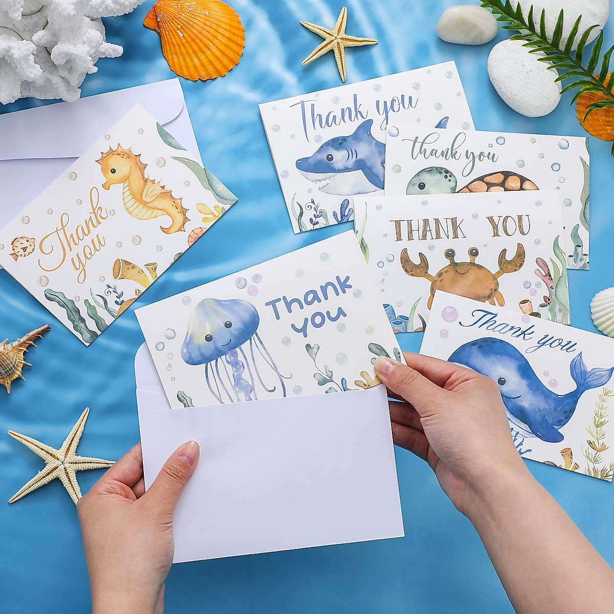 24 Sets Under the Sea Thank You Cards with Envelopes Whale, Shark and Turtle Thank You Notes Ocean Watercolor Baby Thank You Cards Sea Animal Greeting Cards for Birthdays Baby Shower Wedding Kids