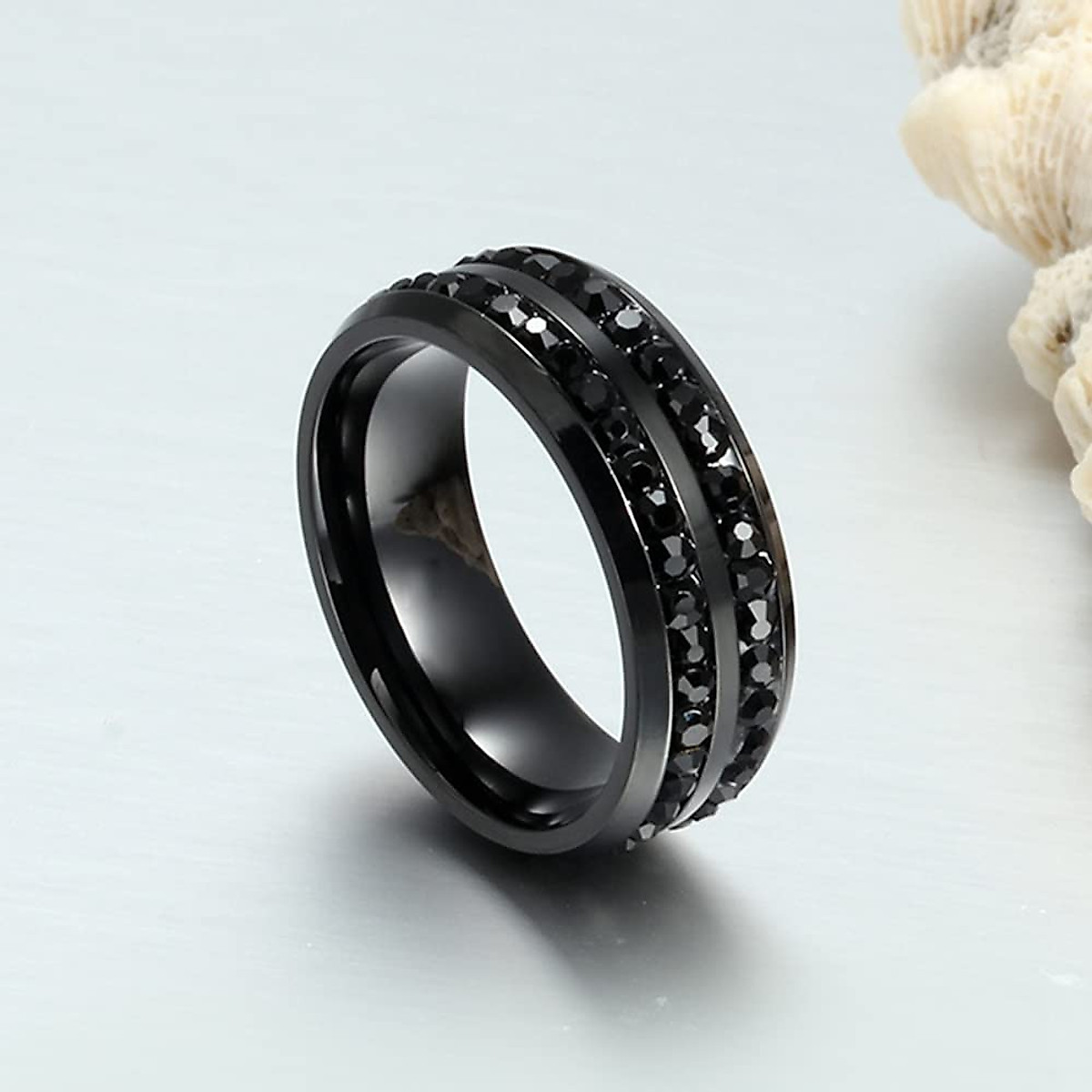 Men's Women's 8MM Wedding Bands Engagement Ring Stainless Steel Channel CZ Promise Rings for Him Black Size 9