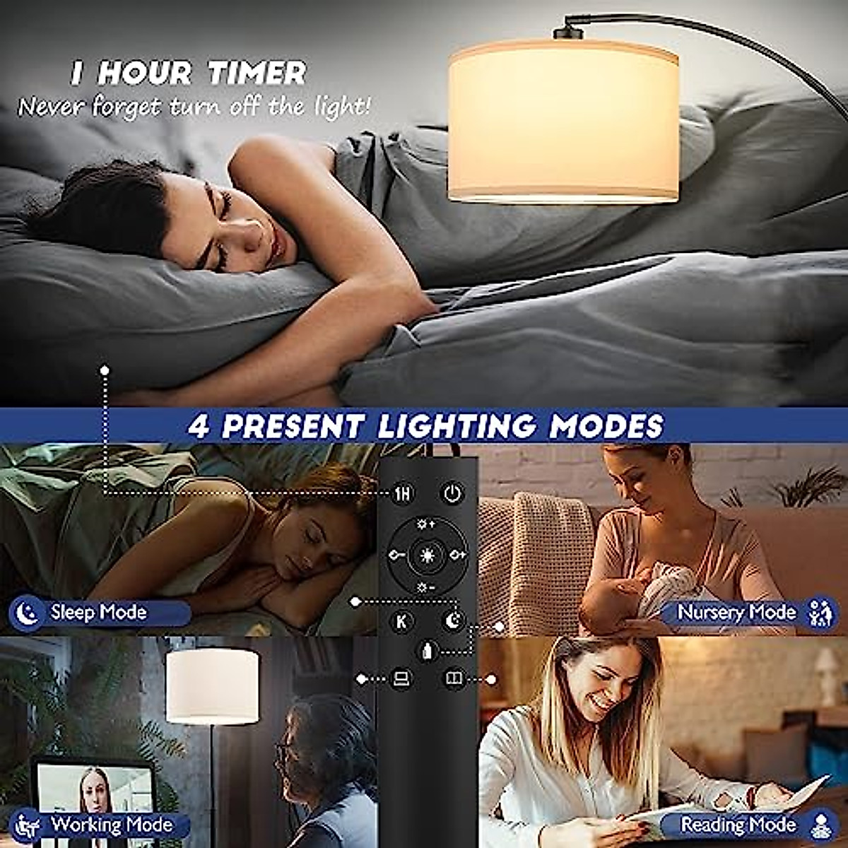 Arc Floor Lamps for Living Room,Modern Standing Lamp with Remote Control,Tall Lamp with Stepless Dimmable,5 Color temperatures,Over Couch Arched Reading Light for Bedroom,Office(Bulb Included)