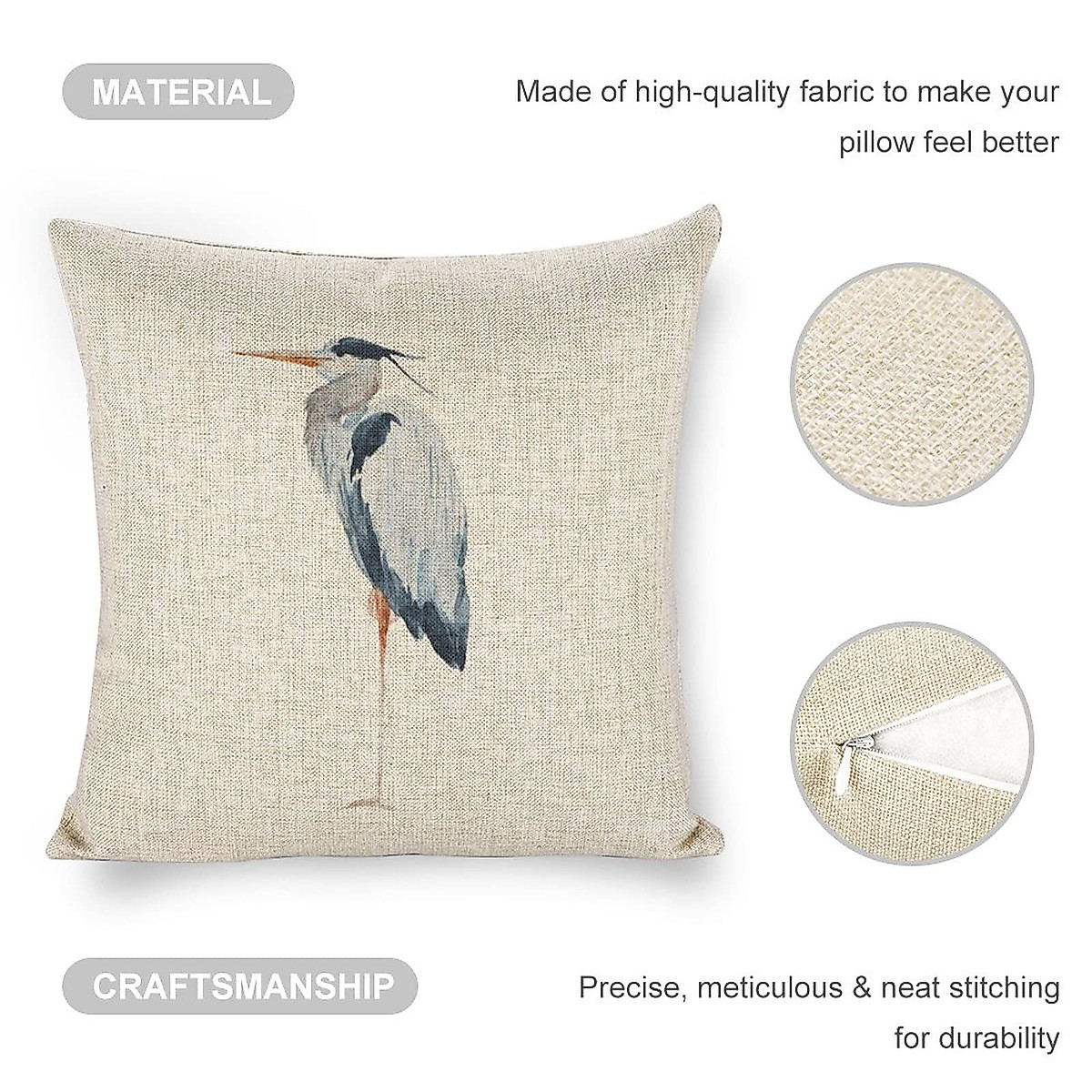Icotoibabie Linen Throw Pillow covers Blue Heron 18x18 Double Sided Decorative Pillows Cushion Cover for Couch Sofa Outdoor