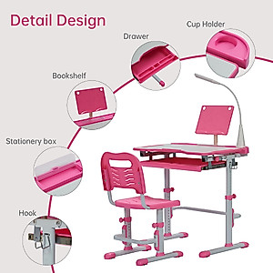Real Relax Kids Desk and Chair Set, Height Adjustable Children's School Study Writing Tables with Tilt Desktop, LED Light, Storage Drawer, Metal Hook, Book Stand, Pink
