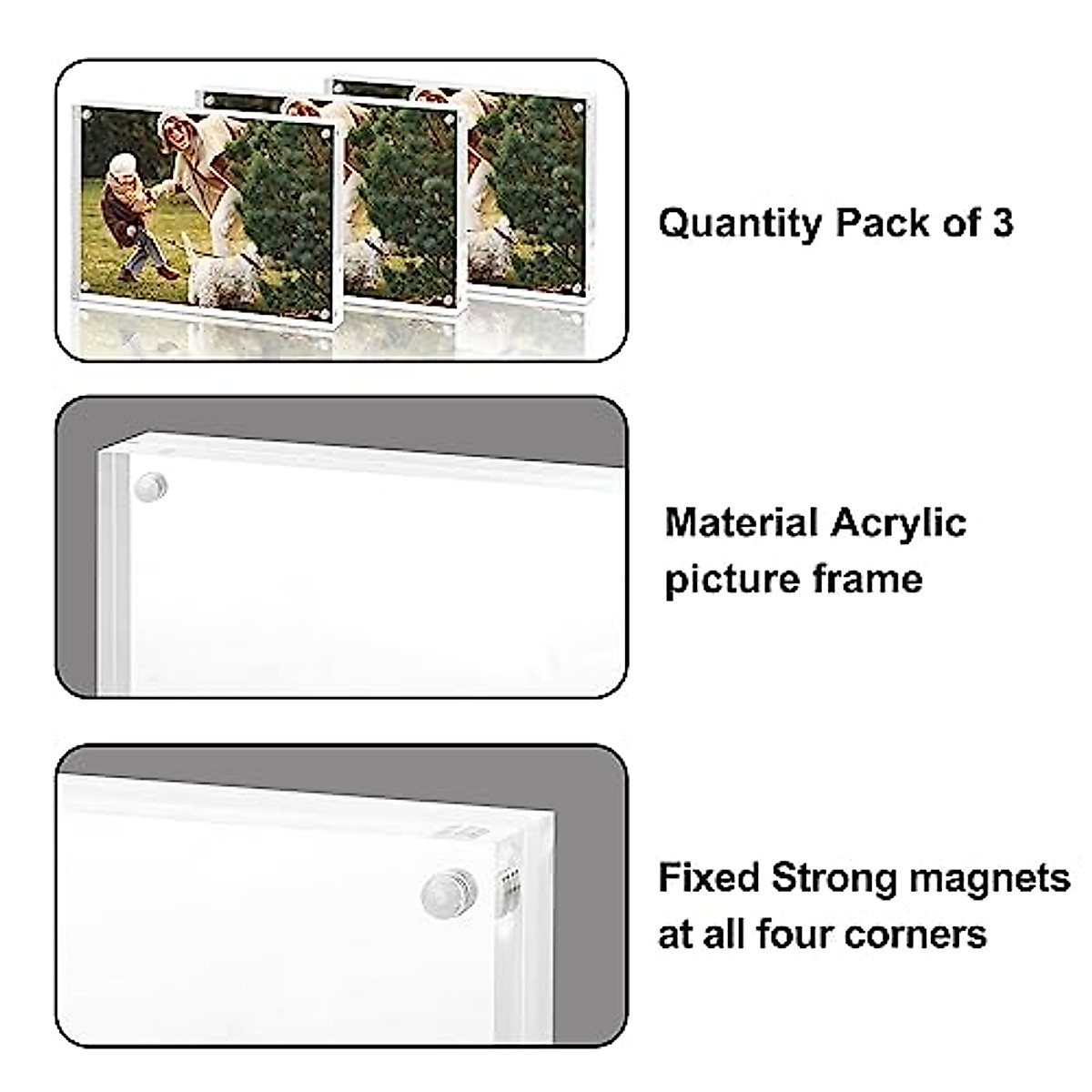 Fixwal Acrylic Frame, Clear Picture Frame 8x10, Set of 3, Magnetic Photo Frame, 10mm Clear Glass Frame, Wedding Table Numbers, Glass Table Top, Frameless Photo Frame