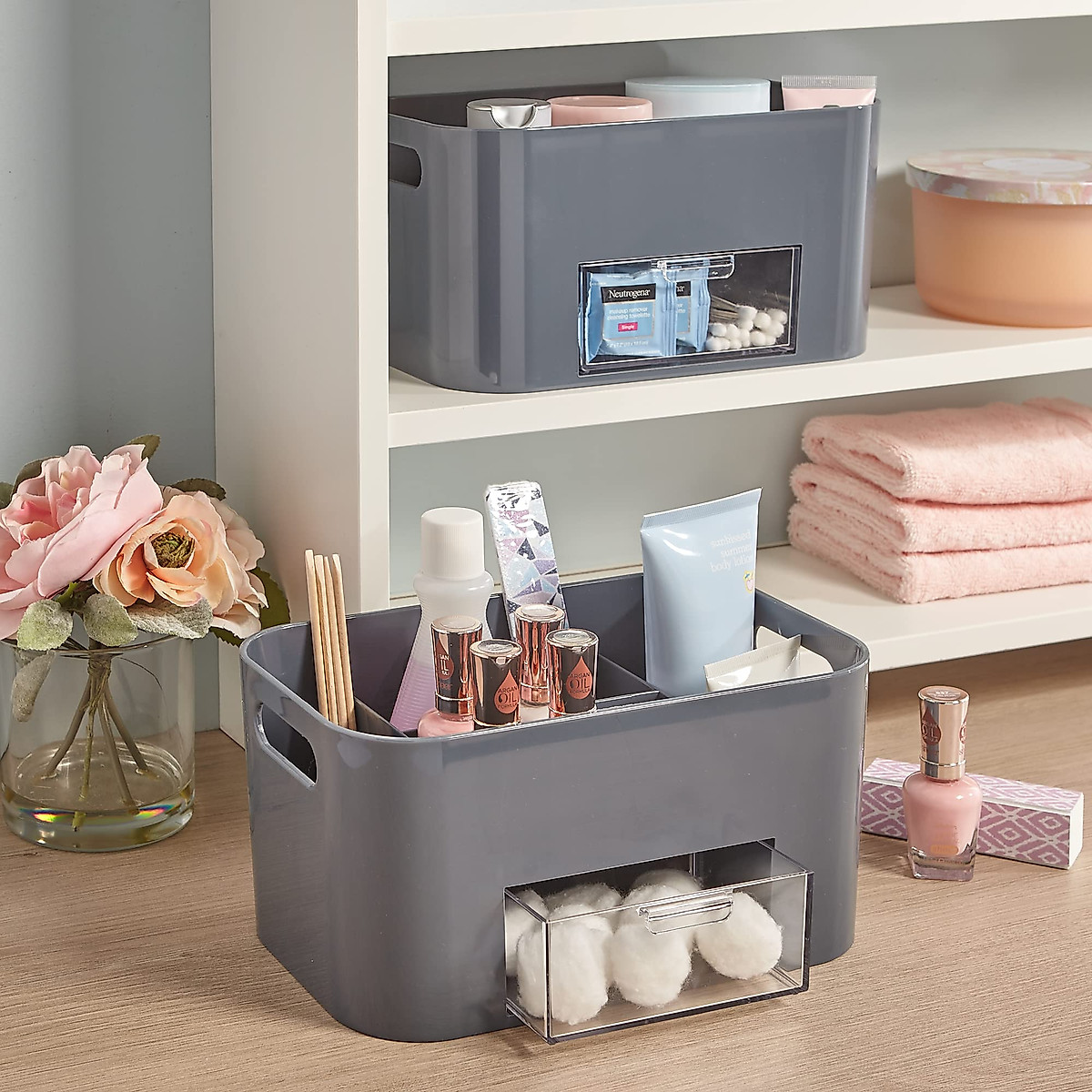 STORi Bliss 4-Compartment Plastic Vanity Organizer with Small Accessory Drawer in Grey | Rectangular Makeup, Skincare, & Cosmetic Storage Bin with Pass-Through Handles | Made in USA
