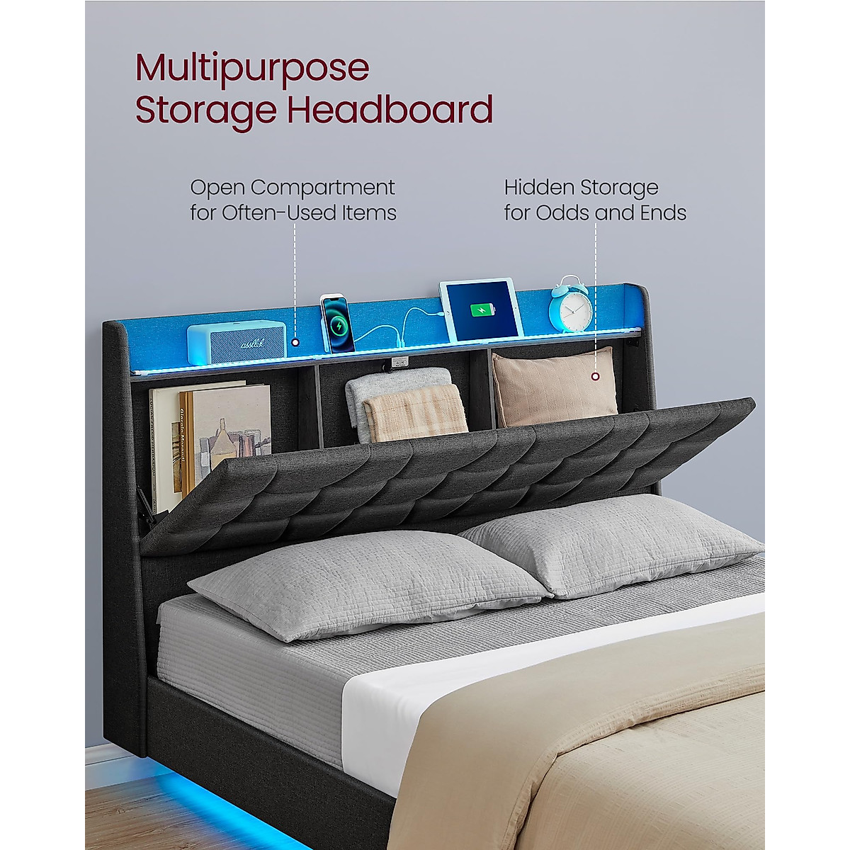 VASAGLE Full Size Floating Bed Frame with LED Lights, Full Bed Frame with Charging Station, Tufted Storage Headboard, Upholstered Platform Bed Frame, No Box Spring Needed, Dark Gray URMB852G71