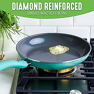 GreenLife Soft Grip Diamond Healthy Ceramic Nonstick, 7" and 10" Frying Pan Skillet Set, PFAS-Free, Dishwasher Safe, Turquoise