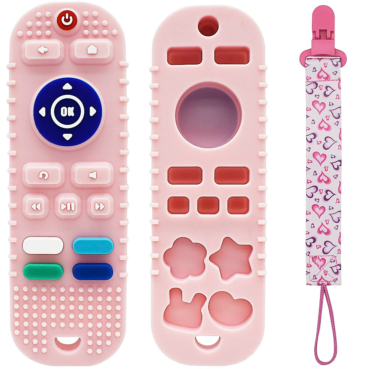 Remote Control Teether Toy for Babies 6 to 12 Months,Baby Teething Toys Tv Remote Shape with Pacifier Clip（Pink）