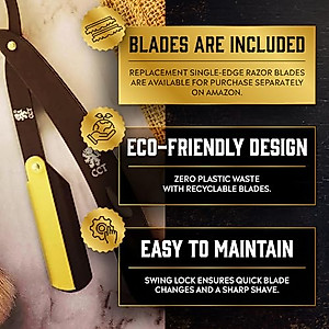 The Cambridge Cutthroat® Cut Throat Razor Kit with Travel Pouch - Black & Gold Stainless Steel Professional Barber Single Straight Edge for Men - Moustache Shaver & Beard Shaper