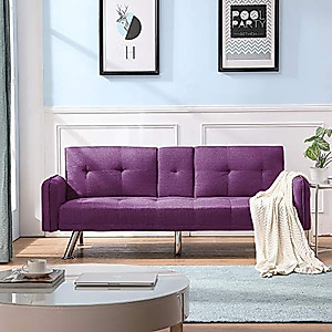 OYN Folding Modern Futon Sofa Loveseat Convertible Sleeper Couch Bed for Living Room Apartment Small Space Furniture Sets with 2 Cup Holders,Metal Legs, Removable Soft Square Armrest, Purple
