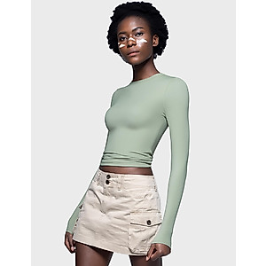 PUMIEY Women's Long Sleeve T Shirts Crew Neck Slim Fit Going Out Tops for Women Sexy Basic Tee, Sage Large