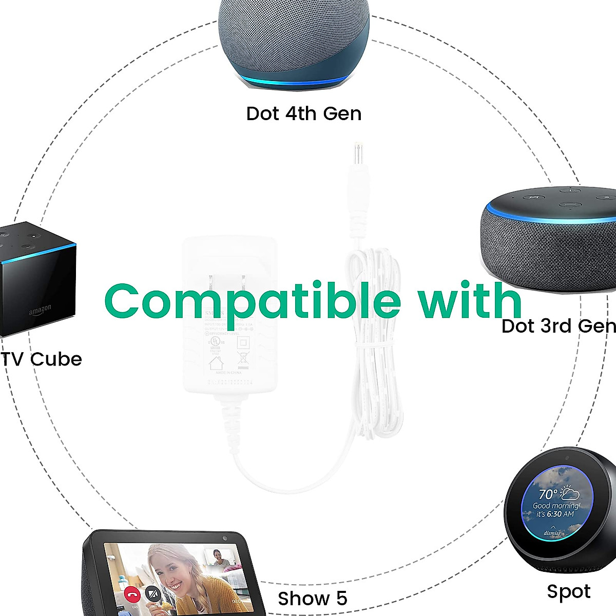Power Adapter Replacement for Alexa Dot 4th Generation or 3rd Gen, Show 5 and Spot - Charger Cord 15W