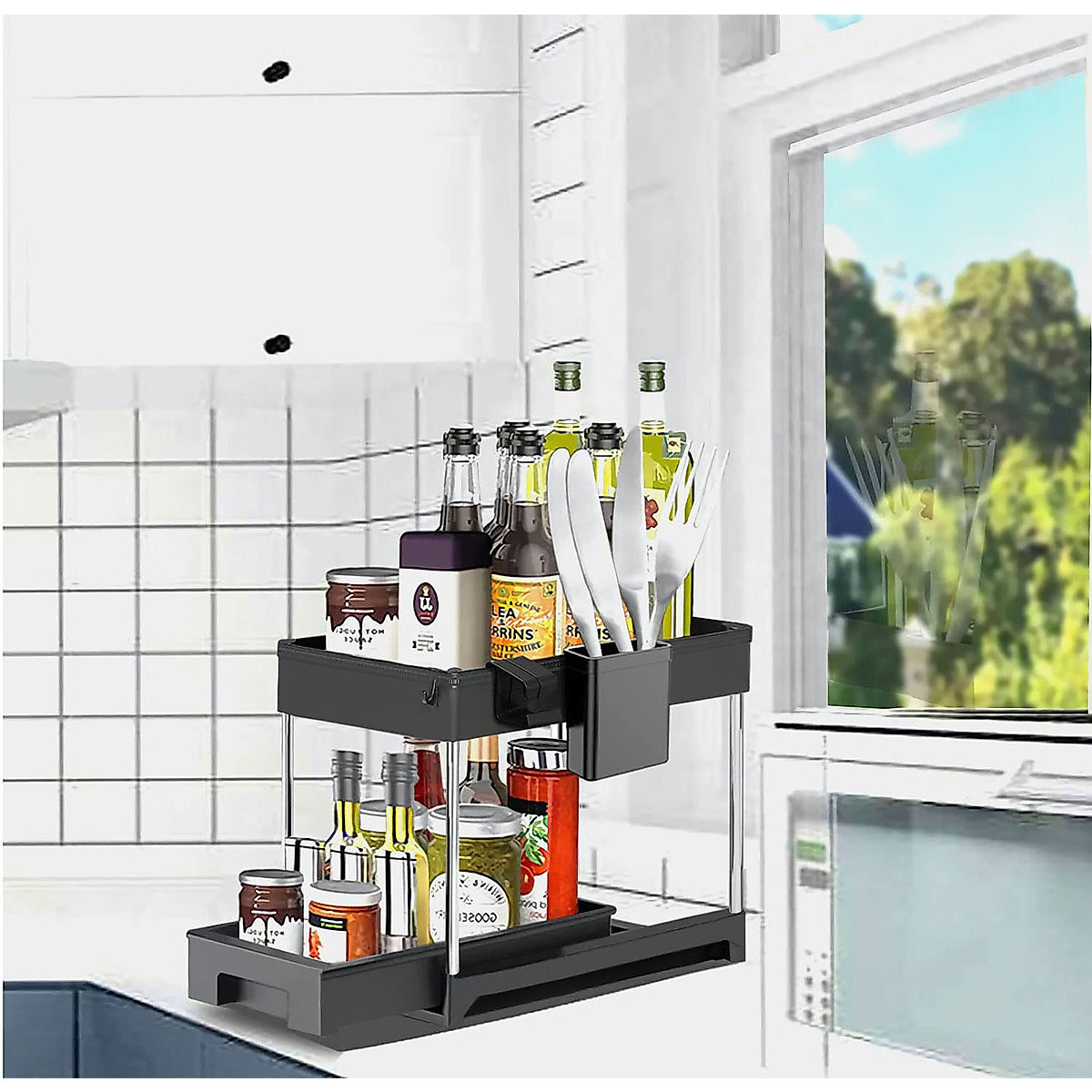WAYLHECT Under Sink Organizer,2 Tier Under Bathroom Sink Organizers and Storage for Kitchen, Bathroom Black