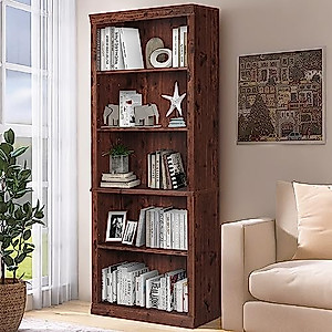 LYNSLIM Wooden Bookcase, 5-Shelf Free Standing Bookcase for Home Office Living Room Open Display Organizer Storage Bookshelf, Oak Finish Decor Furniture (Brown)