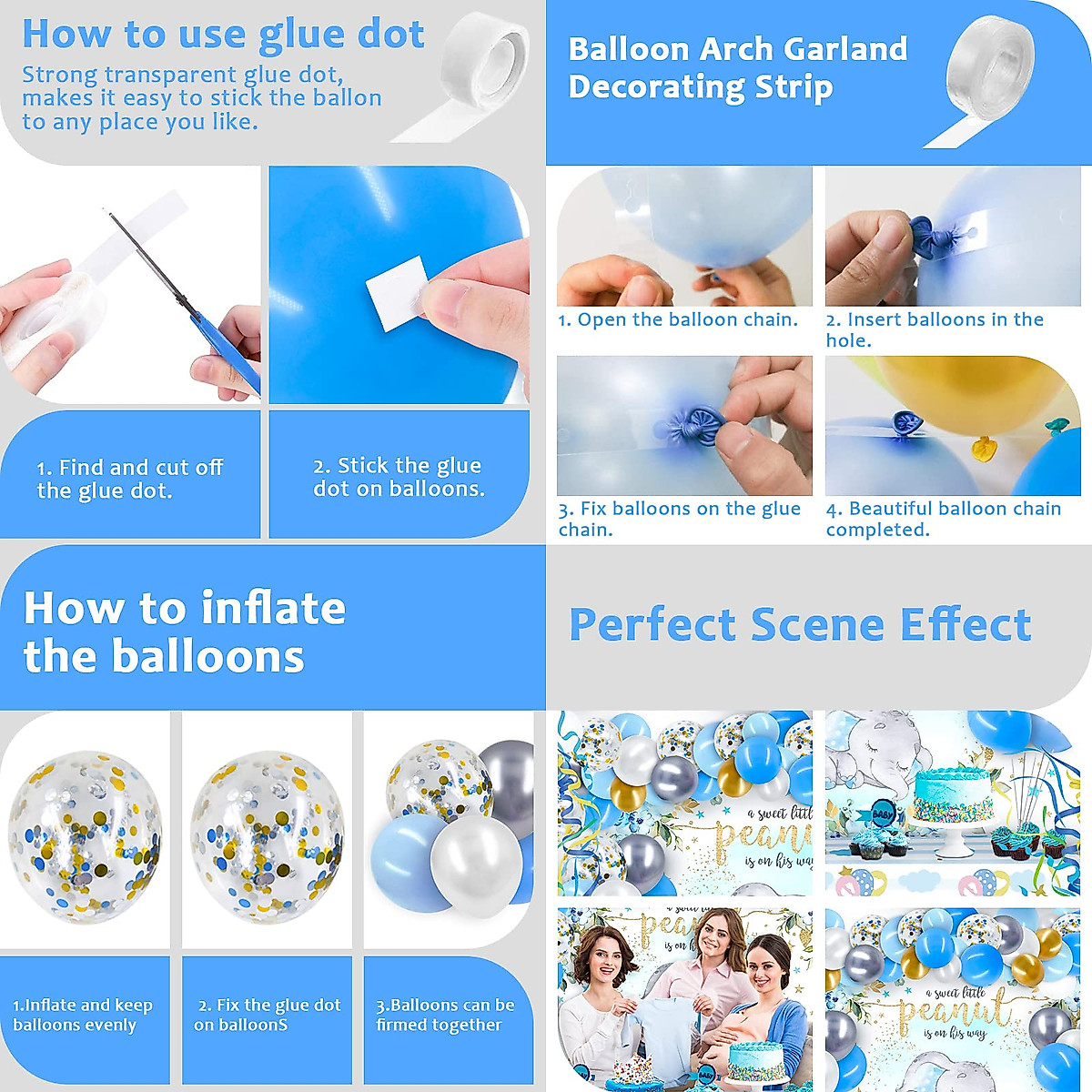 PARTY SPOT! 94 pcs Baby Shower Decorations for Boy, 5 Pcs White Balloon Boxes, 70 pcs Latex Balloons, Blue Elephant Theme Baby Shower Decorations Gender Reveal Party Supplies