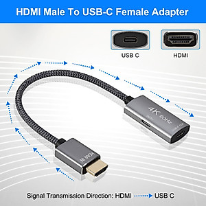 HDMI Male to USB-C Female Cable Adapter with USB C Power Cable,Uni-Directional HDMI (source) to Type C 3.1 (display) Converter,4K 60Hz Thunderbolt 3 Adapter for MacBook Pro,Microsoft Surface,Xreal Air