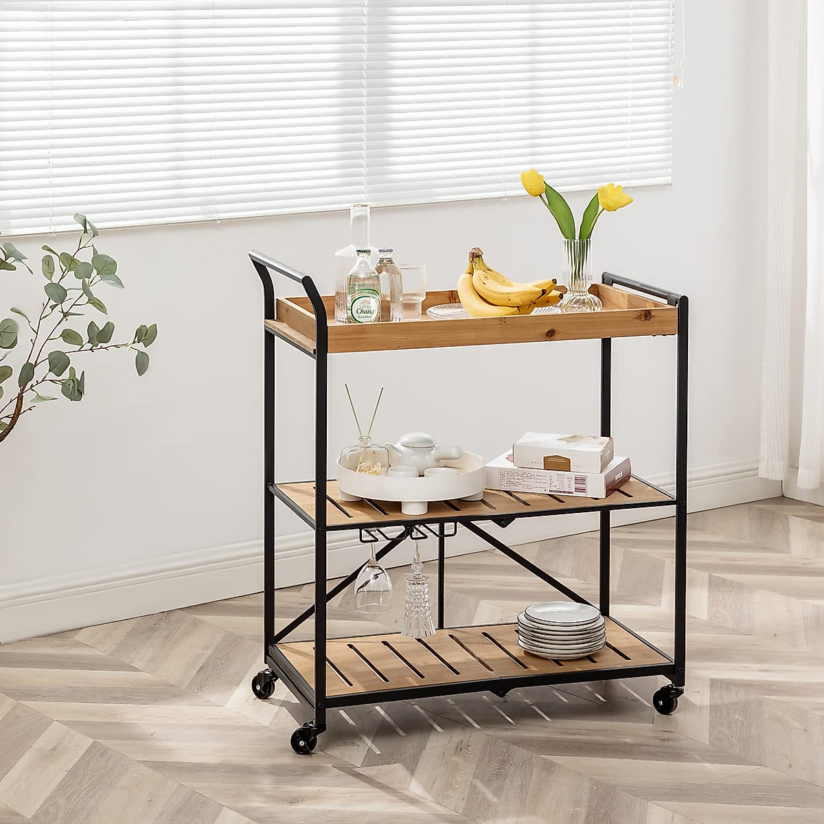 MELLCOM Folding Bar Cart Kitchen Serving Cart on Lockable Wheels 3-Tier Rolling Utility Cart with Glass Holders for Home Kitchen, Rustic Brown