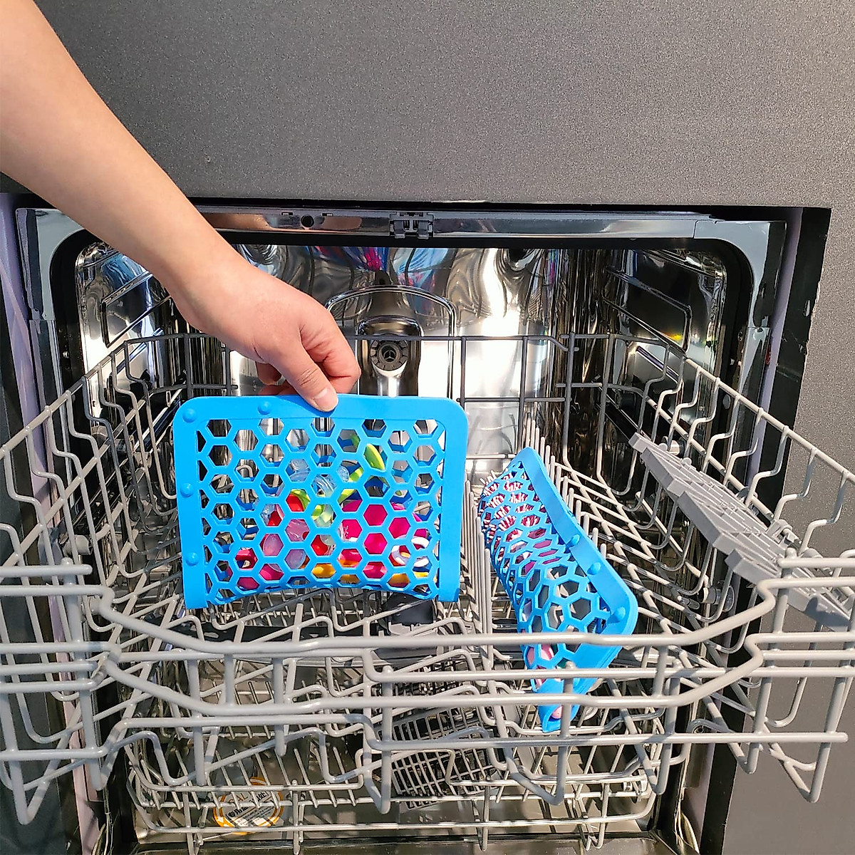 REVEX Silicone Dishwasher Bag,11.8" x 7.9" Dishwasher Basket for Baby Items,Baby Bottle Dishwasher Baskets with Adjustable Sizing for Small Parts,Nipples,Pacifiers and Toy Accessories. (Blue)