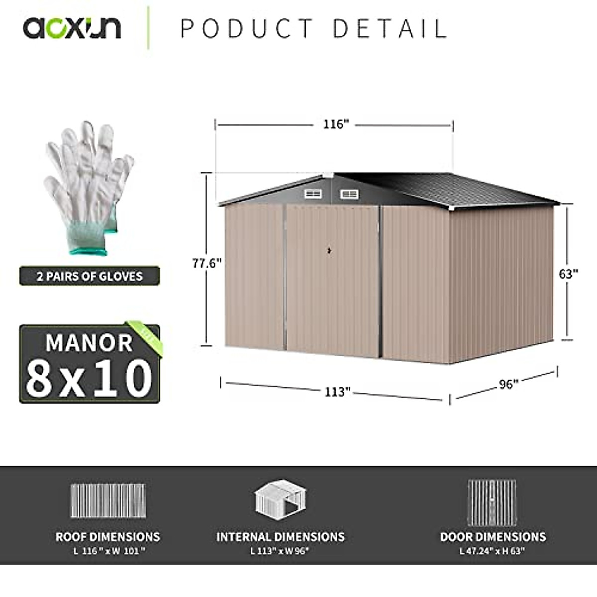 Aoxun Outdoor Shed - 10 x 8 ft Storage Sheds Galvanized Metal Shed with Air Vent and Slide Door, Tool Storage Shed Bike Shed, Tiny House Garden Tool Storage Shed for Backyard Patio Lawn (Floor Frame)