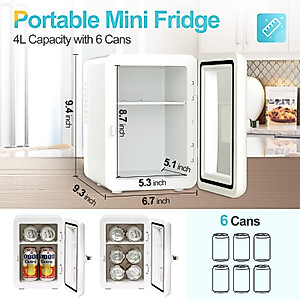 SPECILITE Mini Fridge, 4L/6 Cans AC/DC Skincare Fridge Portable Cooler and Warmer Small Refrigerator Transparent for Bedroom, Beauty, Makeup, Skin Care, Beverage, Cosmetics (White)