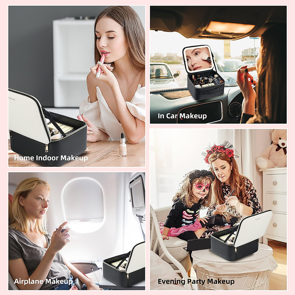 ZhenGuiRu Makeup Bag with LED Mirror, Portable Makeup Artist Organizer Case with Lighted Mirror, Travel Makeup Bag for Cosmetic Brush Holder Storage, White Makeup Bag Gift for Women