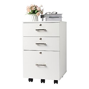 Bonnlo 26" H 3 Drawer File Cabinet with Lock, Rolling File Cabinet Under Desk, Mobile File Cabinets for Home Office, Wood White File Cabinet Printer Stand for Letter Size Hanging/Manila File Folders