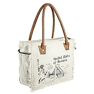 KPL Sel De Mer Upcycled Canvas and leather Hand Bag Cowhide Tote Bag shopping bag carry on leather bag (White)