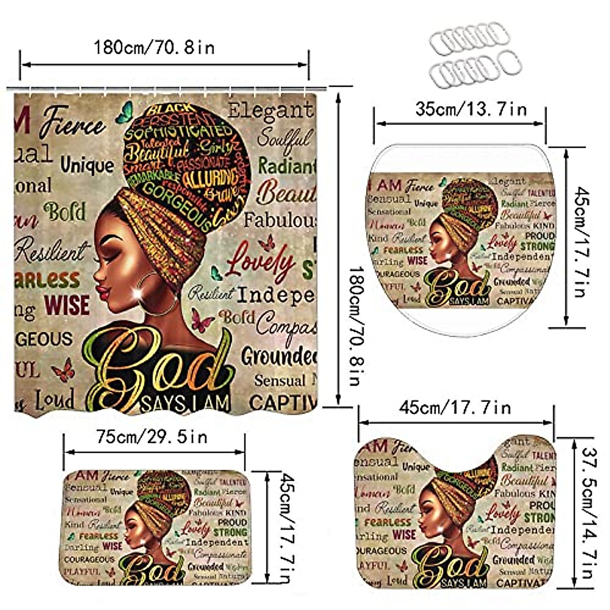 Black Queen God Says I Am Shower Curtains Bathroom Sets with Non-Slip Rugs,Toilet Lid Cover and Bath Mat,Afro Girl Magic Shower Curtain with 12 Hooks…