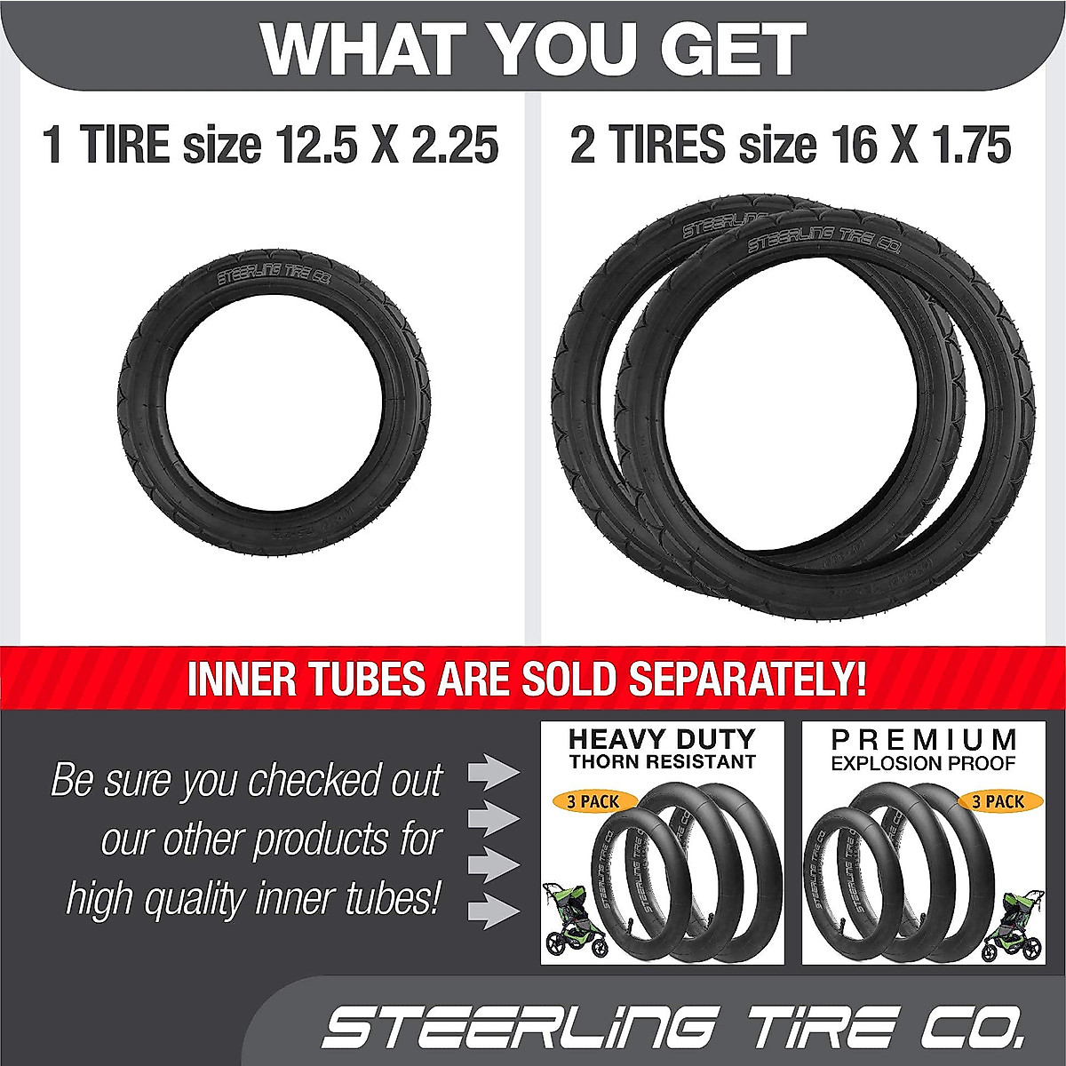 Two 16" x 1.75 Rear and One 12.5" x 2.25 Front Wheel Replacement Tires for Jogging Strollers - The Perfect BOB Stroller Tire Replacement Set by Steerling Tire Co. (3-Pack)