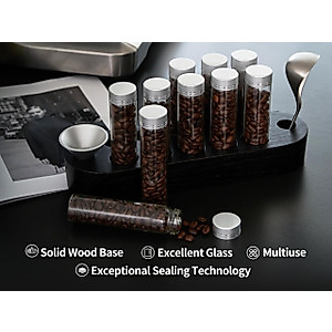 Coosigar Coffee Bean Container, Single Dose Coffee Bean Storage,10PCS Coffee bean cellar container with black wooden stand and funnel coffee spoon.(Black wood+Silver lids)