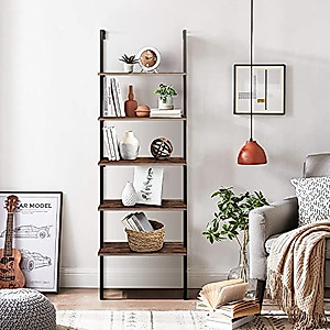 HITIK 5 Tier Wall Mounted Bookshelf, 72 Inches Tall Ladder Shelf with Metal Frame and Wood Board, Modern Industrial Bookshelf for Bedroom, Office, Living Room, Hallway