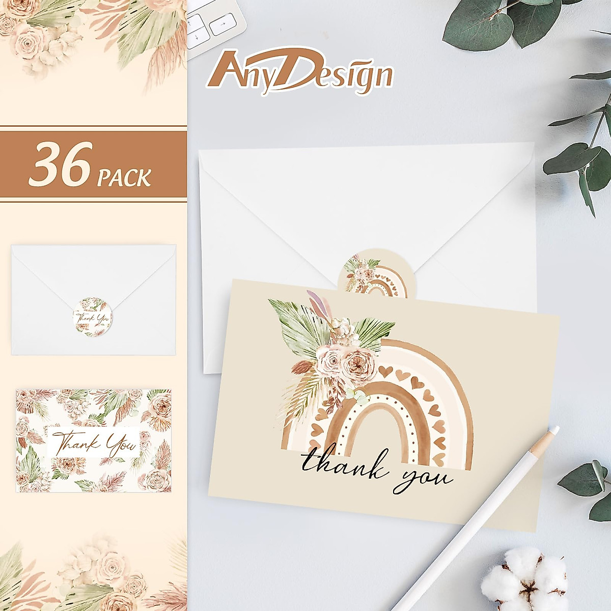 AnyDesign 36 Pack Boho Thank You Cards Boho Rainbow Floral Thank You Note Cards with Envelope Stickers Bohemian Flower Blank Cards for Birthday Wedding Baby Shower Bridal Shower, 4 x 6 Inch