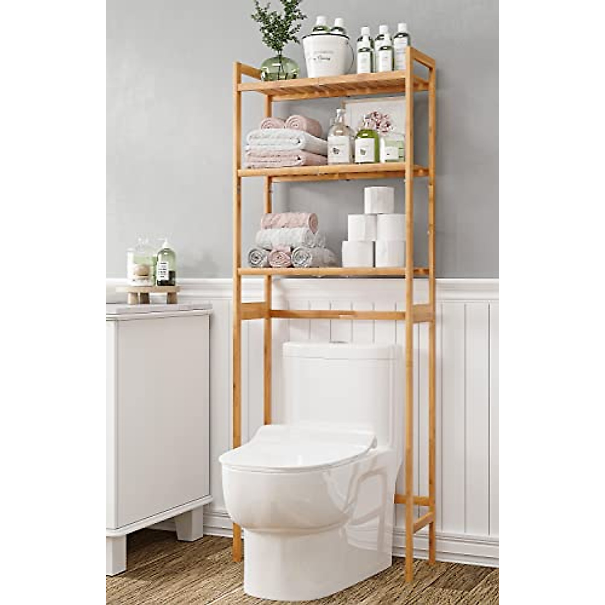 AMBIRD Over The Toilet Storage, 3-Tier Bathroom Organizer Over Toilet with Sturdy Bamboo Shelves,Multifunctional Toilet Shelf,Easy to Assemble and Saver Space, 25 * 10 * 64 Inches (Original Color)