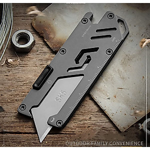 KUNSON Stainless Steel Keychain Utility Knife, Portable Pocket Retractable Box Cutter for Cartons, Cardboard and Boxes, Office and Home EDC Use Extra 5 Blades Included, Grey