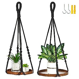 Shineloha 2 Pack Macrame Plant Hanger | Hanging Planters for Indoor Plant, Indoor Hanging Planter Shelf | Plant Hanger, Hanging Plant Holder, No Plant/Pot Included (Black) (1 Large+ 1 Medium)…