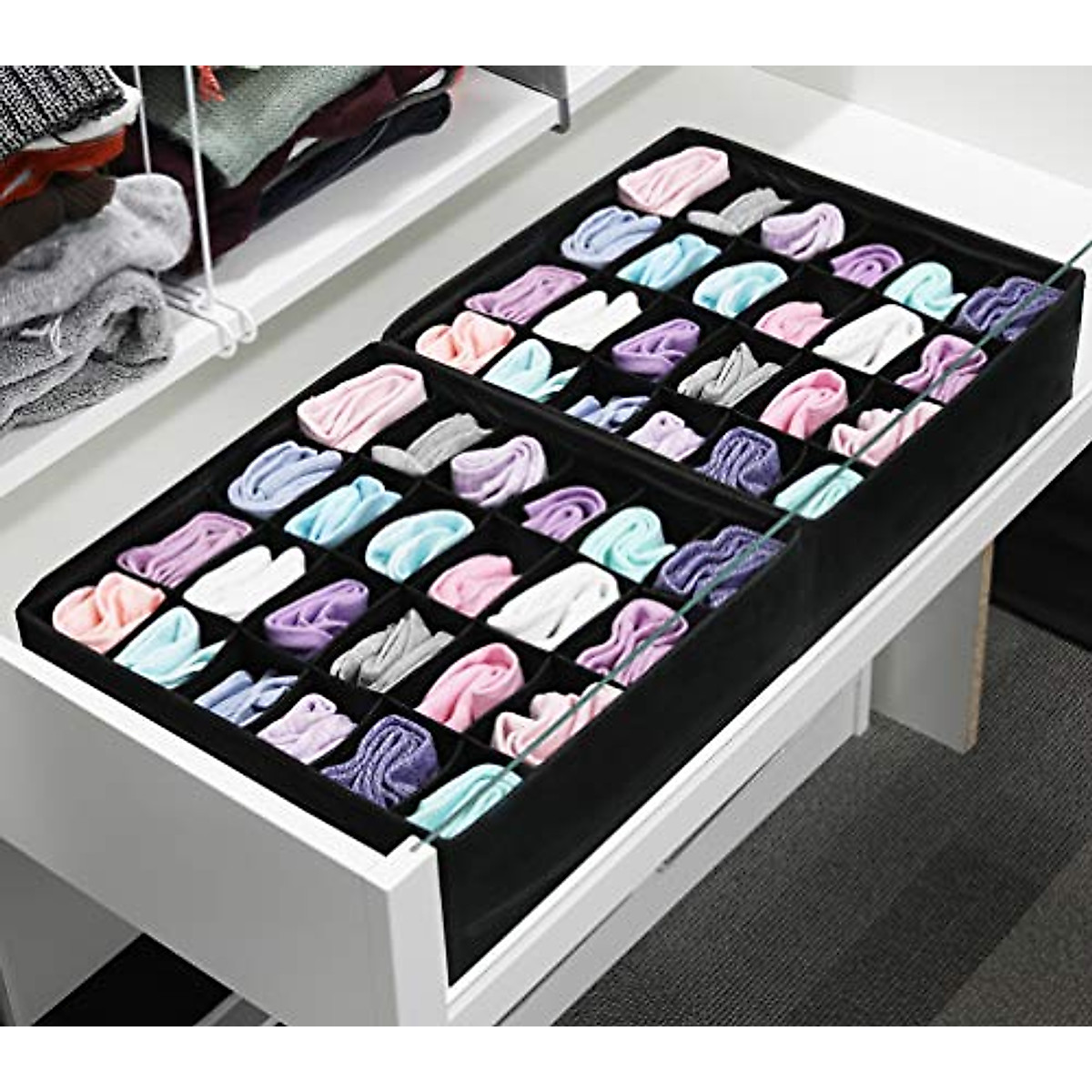 Simple Houseware 2 Pack Closet Socks Organizer, 24 Cell Drawer Divider, Black