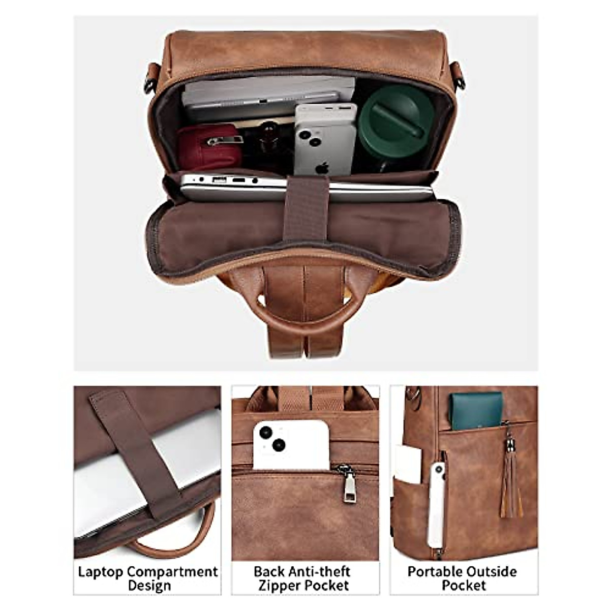 FADEON Laptop Backpack Purse for Women Large Designer PU Leather Laptop Bag, Ladies Computer Shoulder Bags