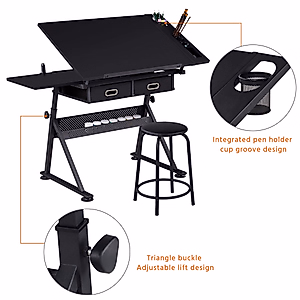 Yaheetech Drafting Table for Artists, Height Adjustable Drawing Desk Art/Craft Desk Diamond Paintings Work Station w/ 2 Storage Drawers and Stool for Home Office School, Black