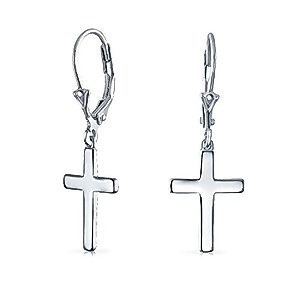 Minimalist Simple Small Religious Dangle Cross Earrings For Women Teen Secure Lever Back .925 Sterling Silver