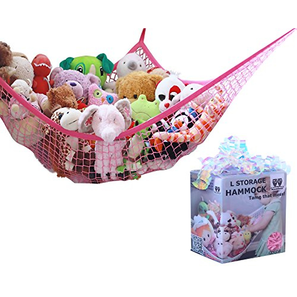MiniOwls Toy Storage Hammock Plush Toy Organizer for Kids – Fits 20-30 Soft Teddies, Girl’s Bed or Playroom Decor (Pink, Large)