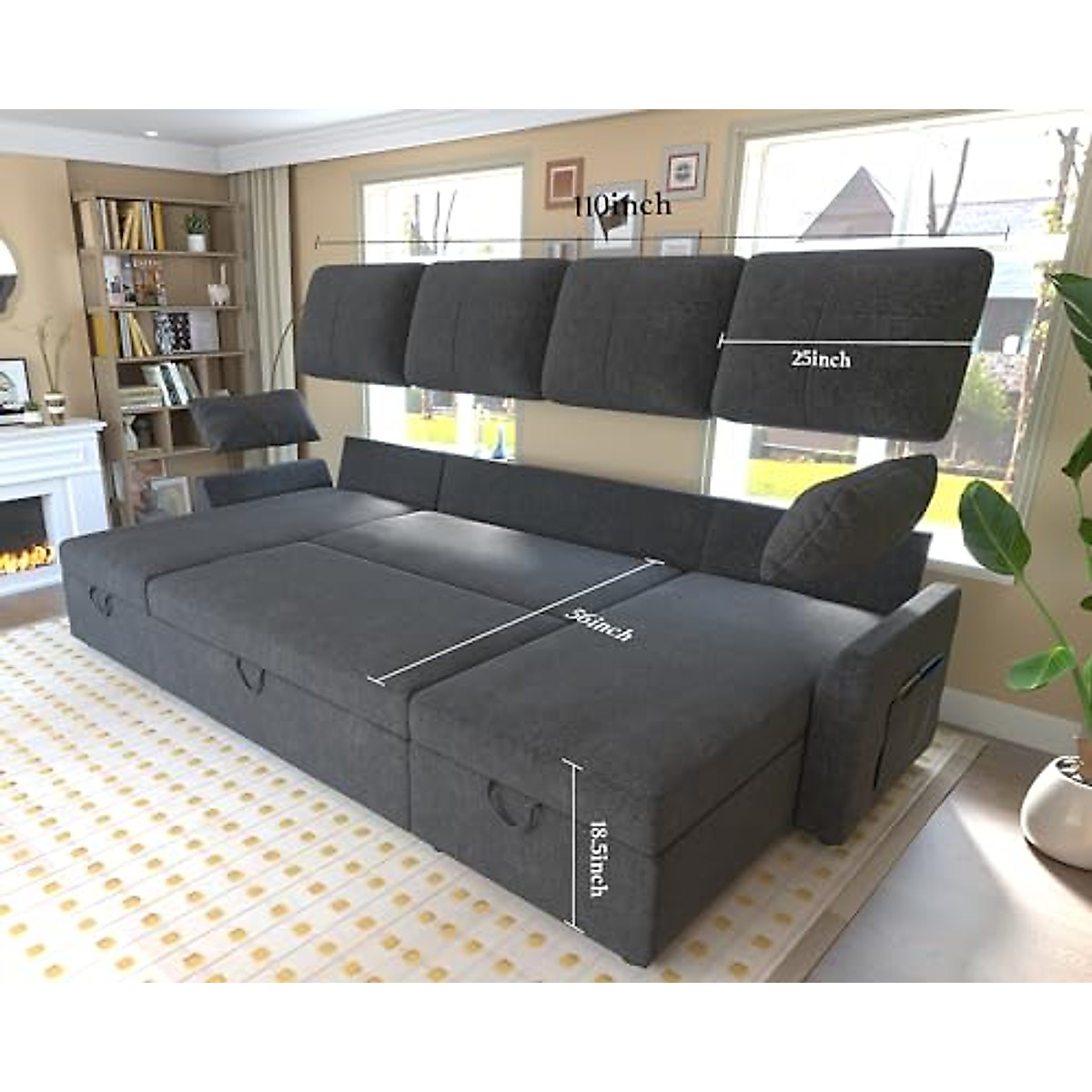 VanAcc Sleeper Sofa, 110 inch Oversize - 2 in 1 Pull Out Bed, Sectional Sleeper Sofa with Double Storage Chaise for Living Room, Grey Linen Couch