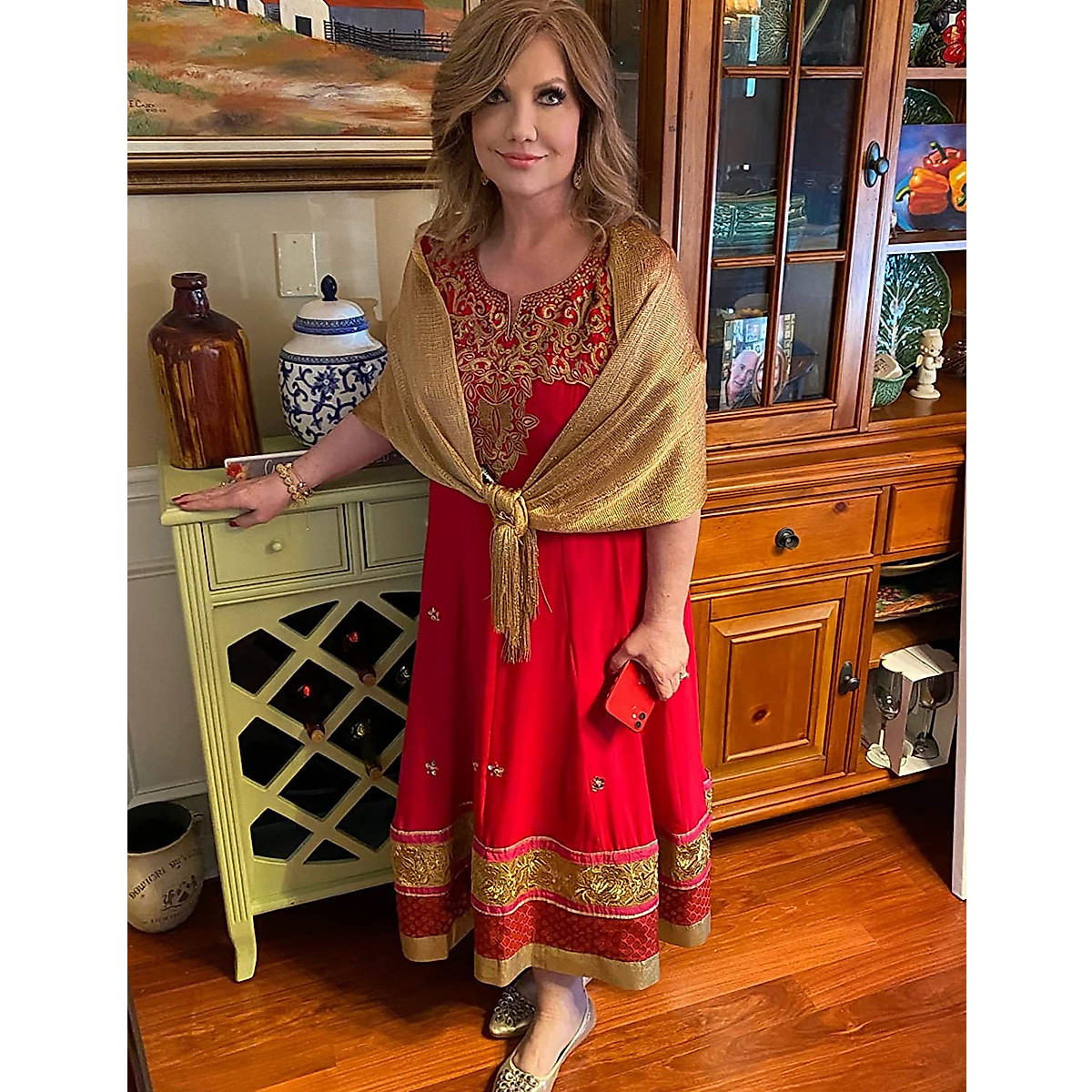 Womens Wedding Evening Wrap Shawl Glitter Metallic Prom Party Scarf with Fringe, 3 Metallic Gold