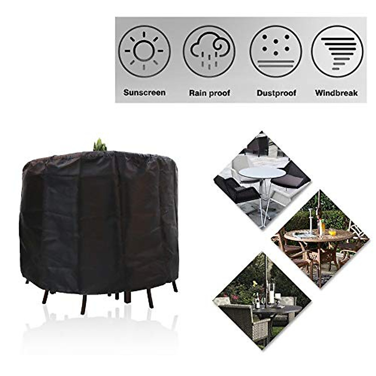J&C Round Patio Table & Furniture Set Cover, Garden Patio Furniture Covers, Waterproof Outdoor Furniture Cover Round Furniture Black (90" x 43")